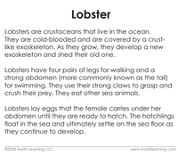 Montessori "Parts of" the Lobster Reading Classification Cards