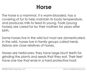 Montessori "Parts of" the Horse Reading Classification Cards