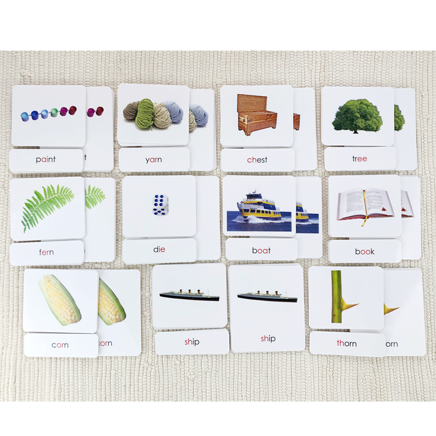 Montessori Phonogram 3-Part Reading Cards: Green Sandpaper Letters